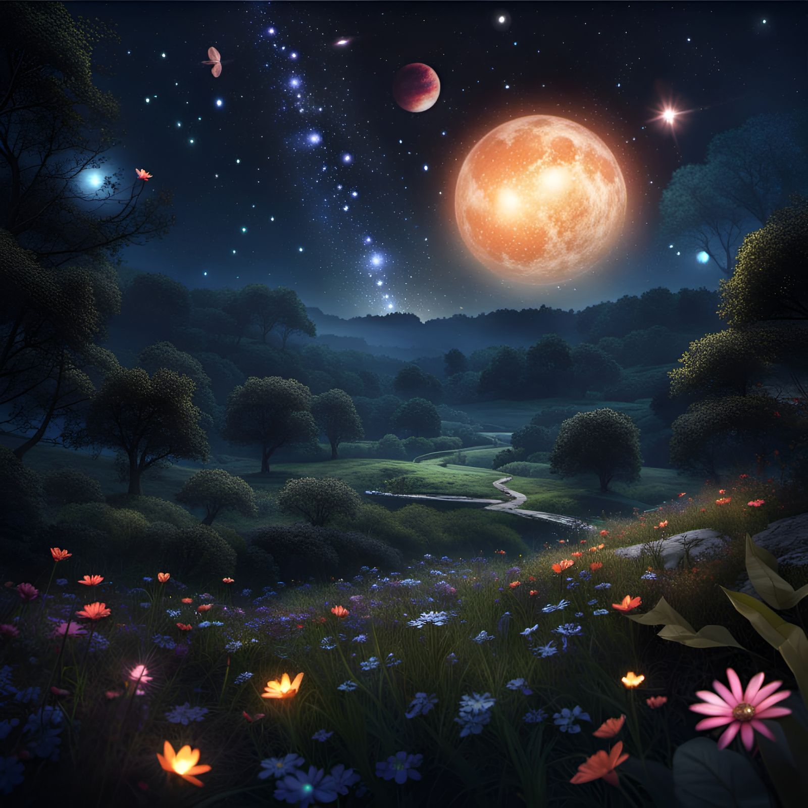 Gorgeous award winning lanscape where everything is illuminated by planets nearby and firefly's ...
