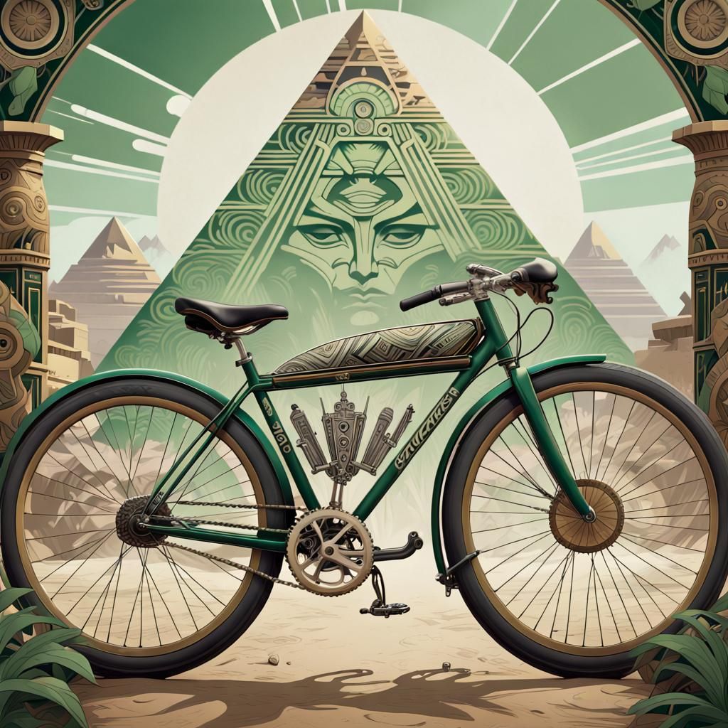 vintage race bicycle surrounded by art deco style with ancient azteke ...