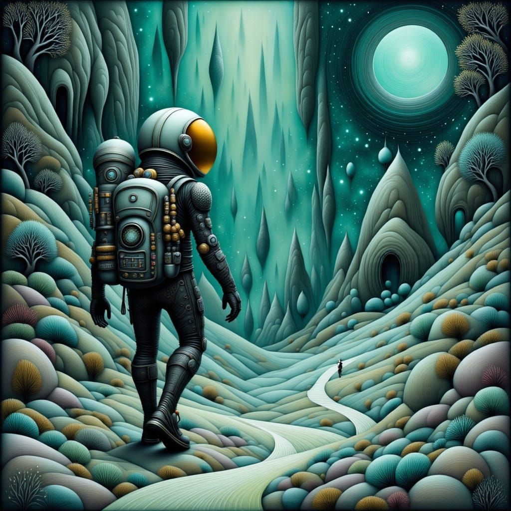 A deep-space explorer walking on an asteroid filled with glowing runes..