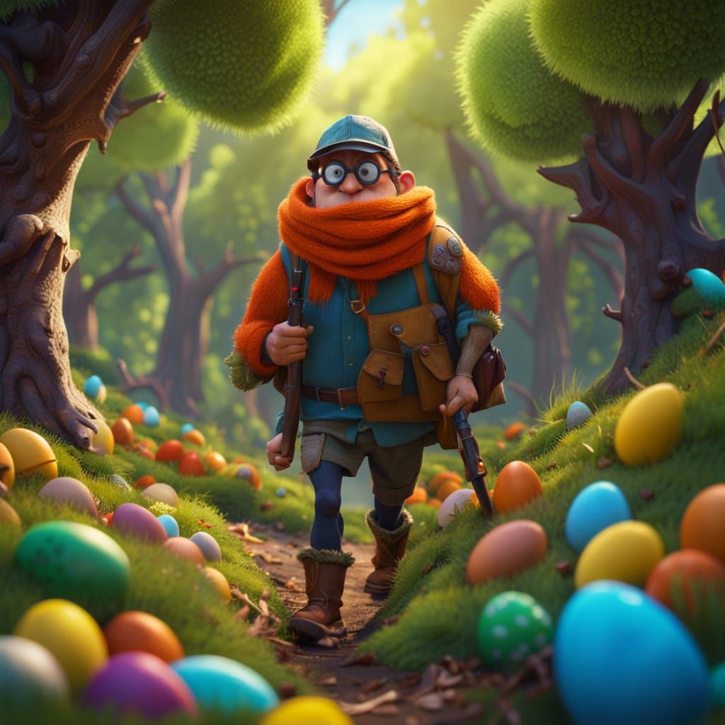 Pixar hunter with a riffle hunting eggs. Walking human like eggs hiding ...