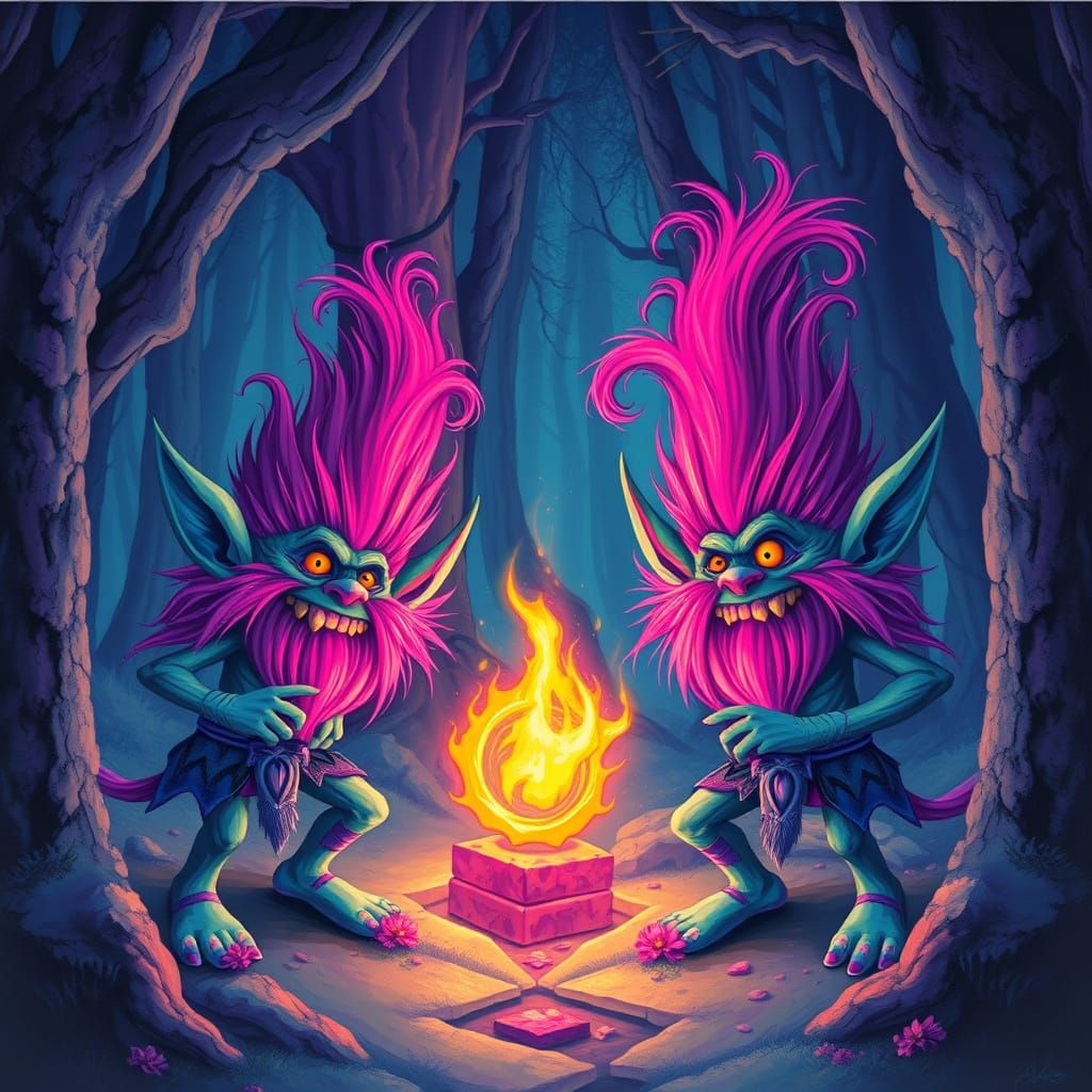 Neon trolls with magic forest - Neon Trolls in a Vibrant Fa...