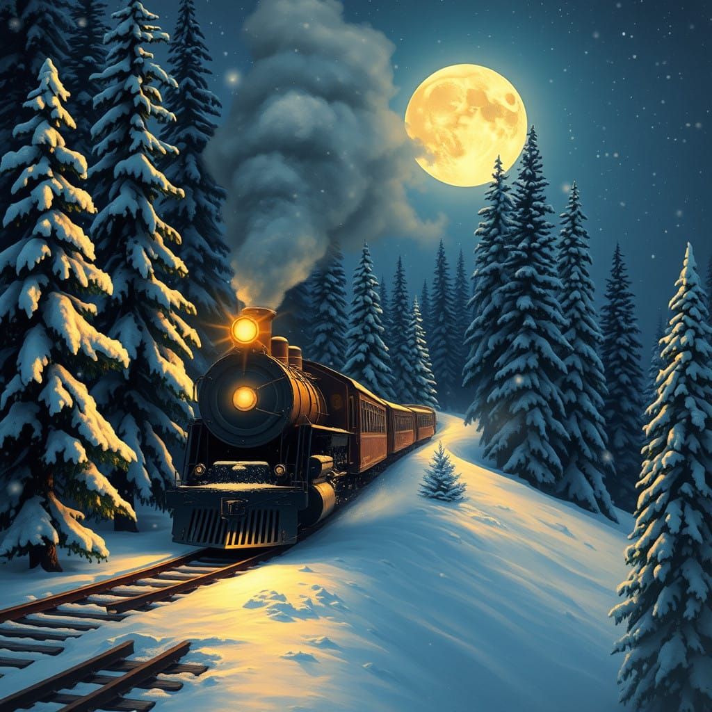 Old time steam engine training passing through a snowy pine forest and ...