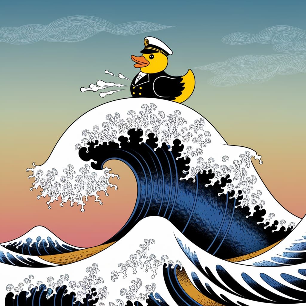 Hokusai's lesser known masterpiece - Captain Quack riding the Great Wave