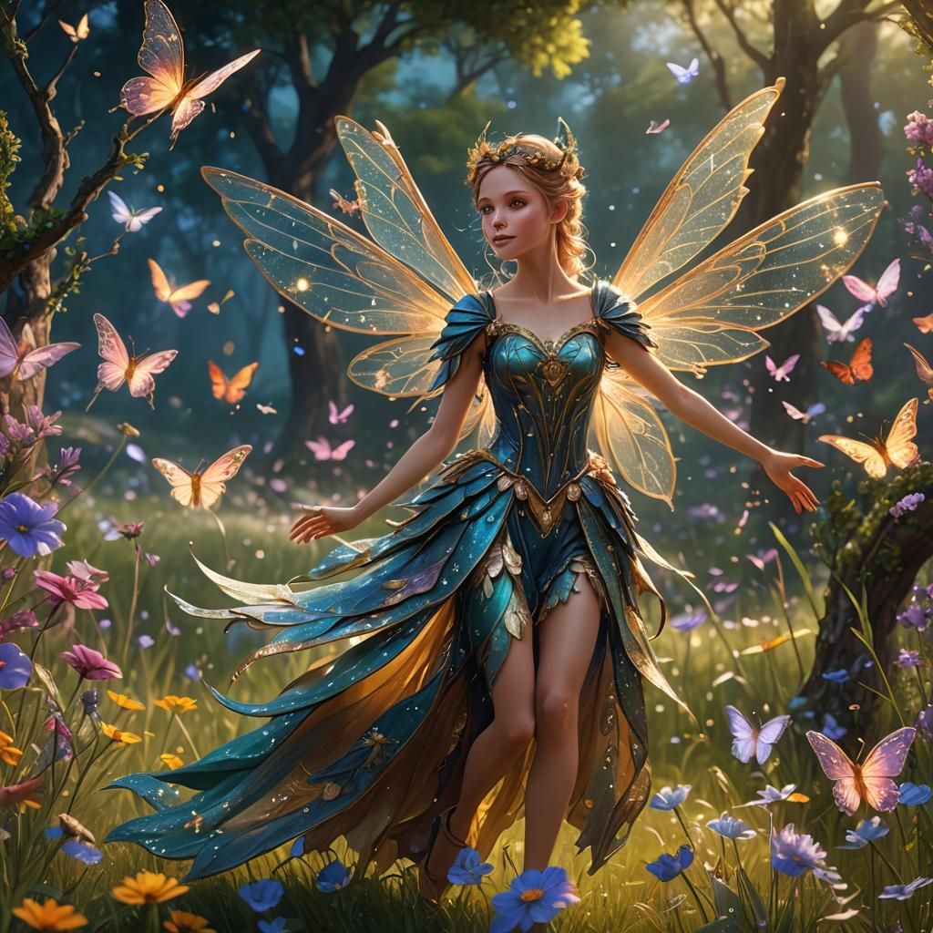 graceful fairy with glittering wings in a beautiful costume, about to ...