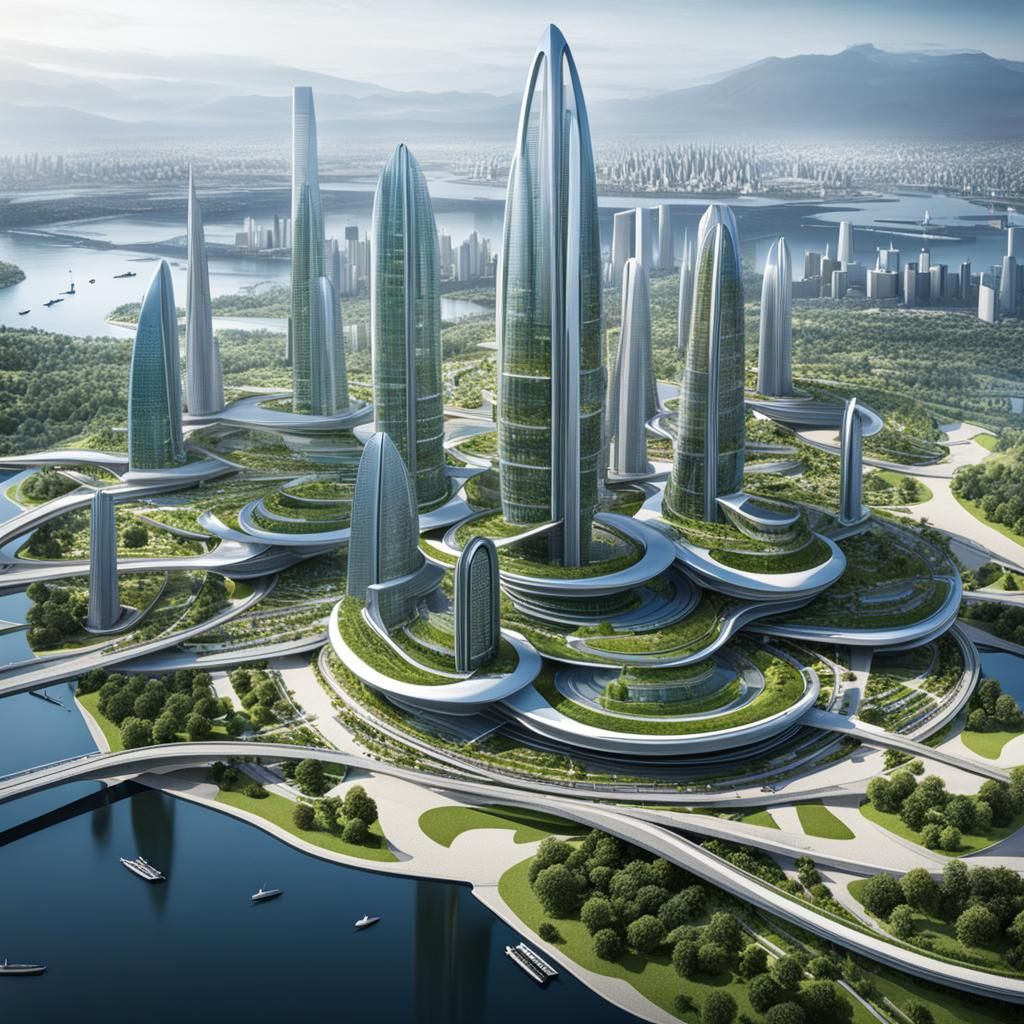 imagine an architectural masterplan of a futuristic city with no high ...