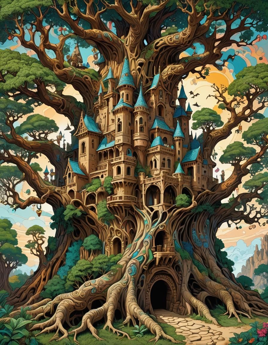 (Hyper detailed artwork of a Pompous sand castle on a mighty tree with ...