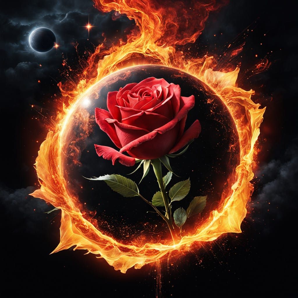 A dramatic fireball falling from the sky, revealing a glowing rose ...