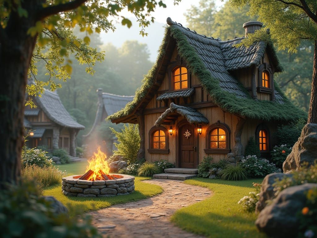 Whimsical Fantasy Village Cottage with Firelit Gar... - AI Art