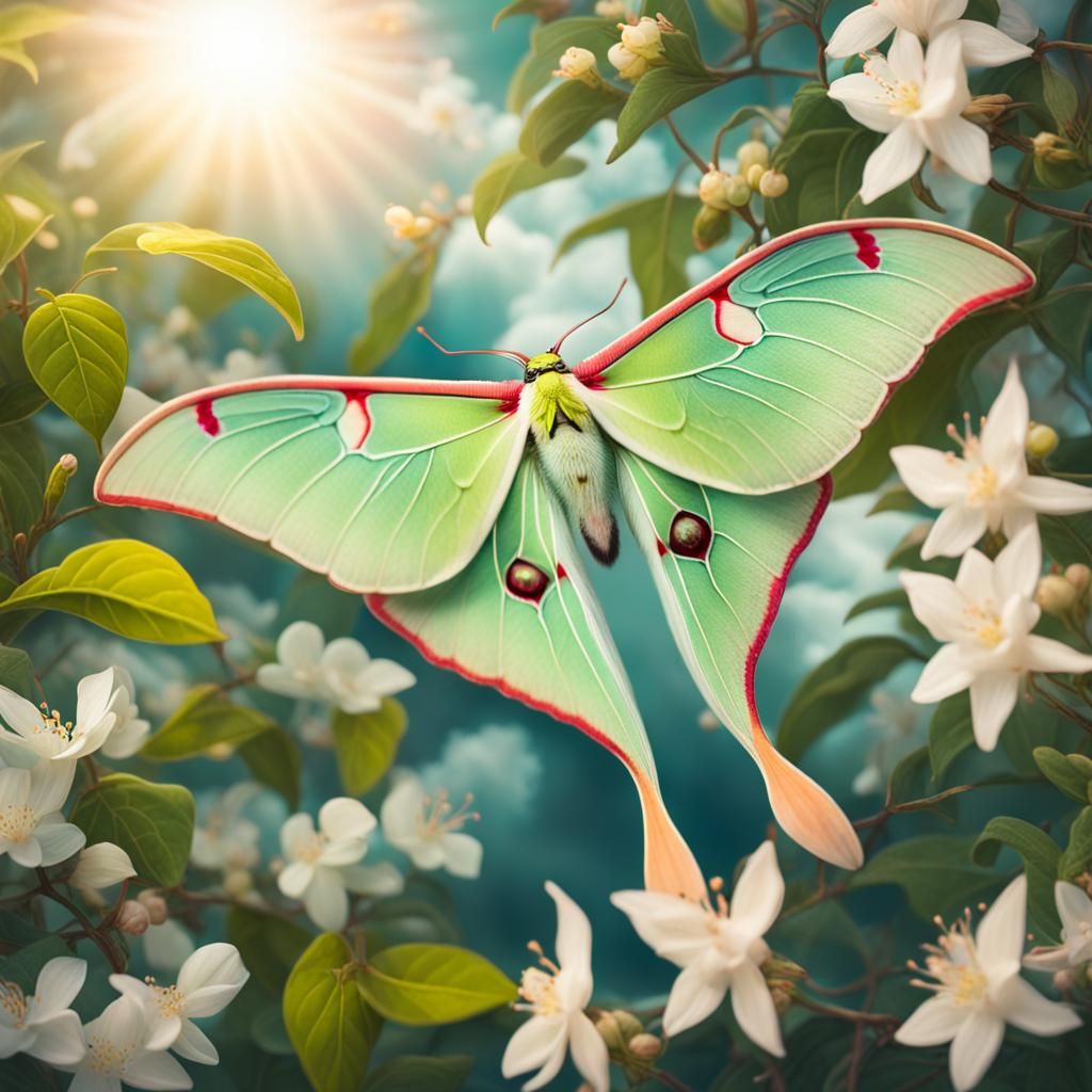 A vibrant, colorful close-up of a luna moth pollinating some jasmine ...