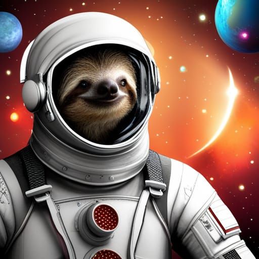 sloth in outer space, moons and planets in the background, in a space ...