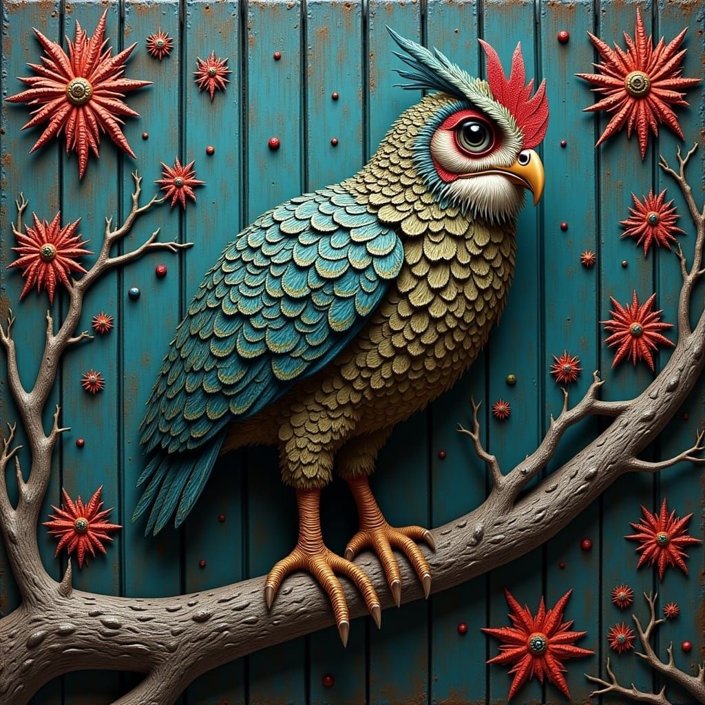 Mystical Owl-Chicken Hybrid in Vibrant, Peacock-In... - AI Art