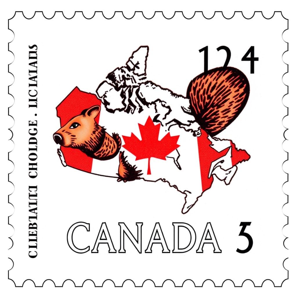 Postage Stamp Celebrating Canada with a Beaver and a map of Canada