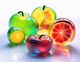 frutiger aero style different colorfull fruits glossy translucent juicy ...