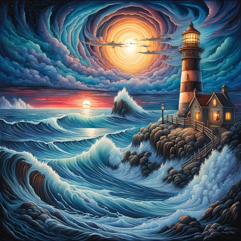 Chaotic winter seascape lighthouse in an detailed line and watercolor ...