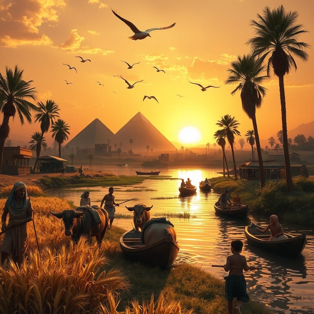 Ancient Egyptian Village Life Along the Nile River... - AI Art