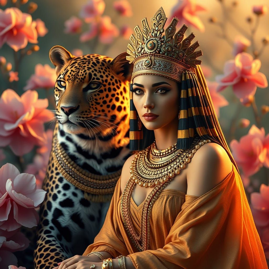 Queen Cleopatra next to leopard - Golden Queen Cleopatra wit...