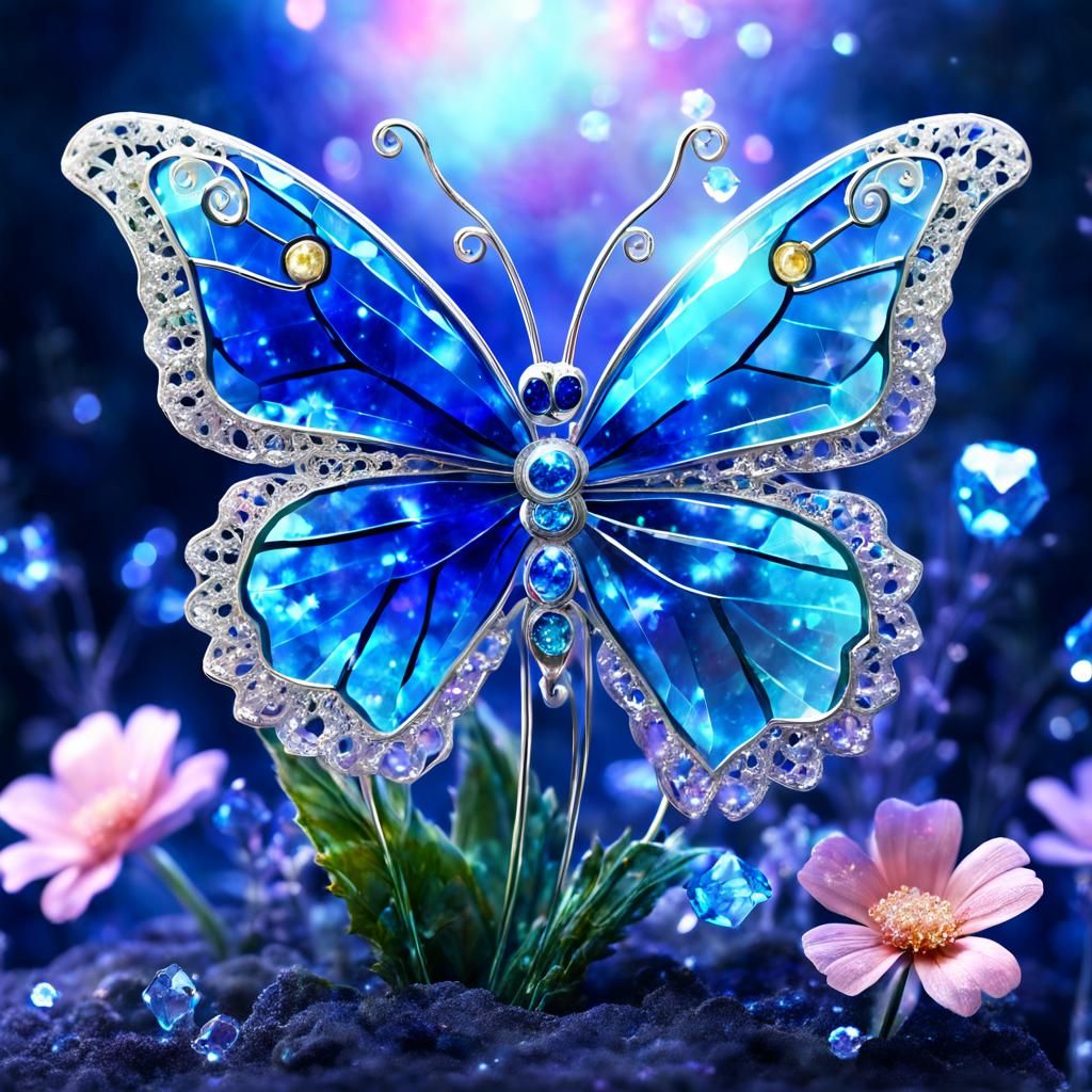 fantastic night blue butterfly consisting entirely of colored rock ...