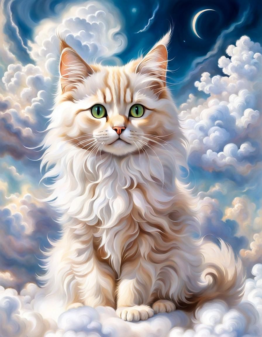 a magnificent fluffy beige maine coone kitten made out of clouds, white ...