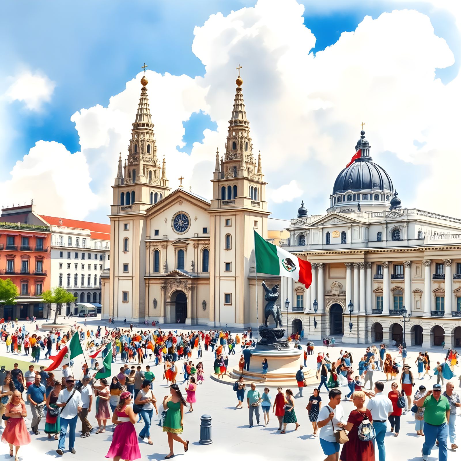 A vibrant watercolor painting of Zócalo in Mexico City, featuring the ...