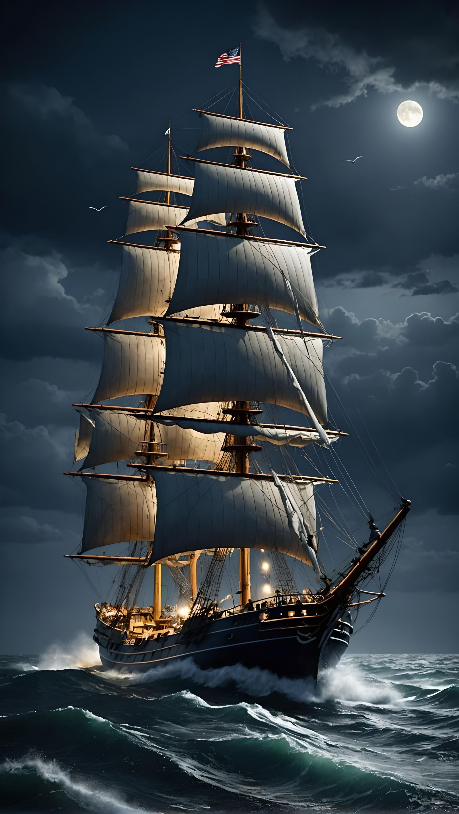 Beautiful tall sailing ship at night on rough seas. Facing viewer ...