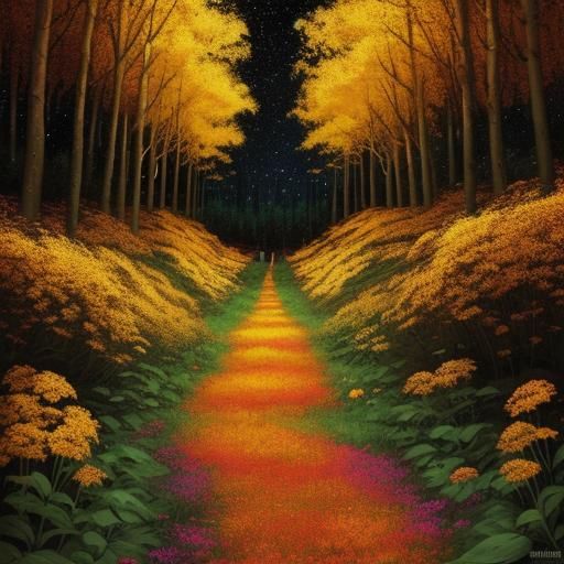 A painting of a glowing golden yellow pathway through a field of ...