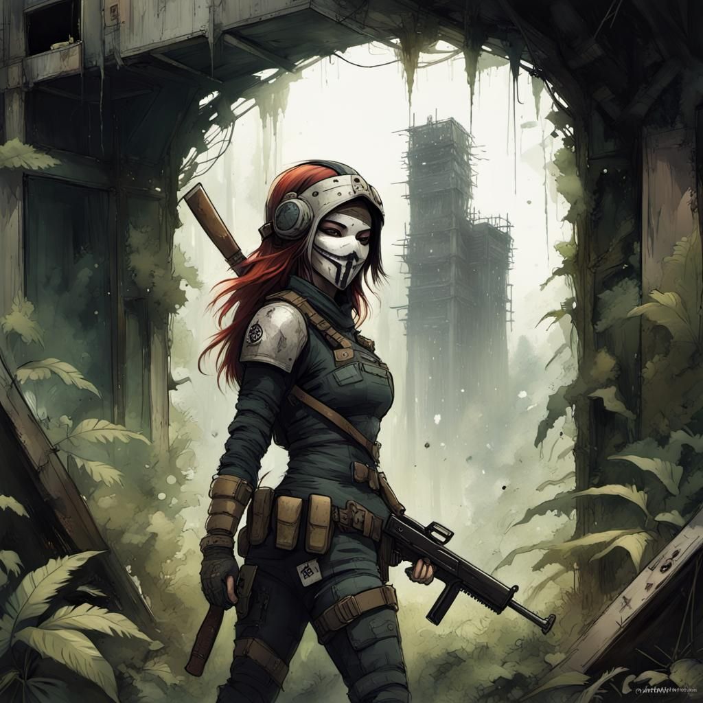 female post-apogalyptic raider wearing grungy battle armour and "guy ...