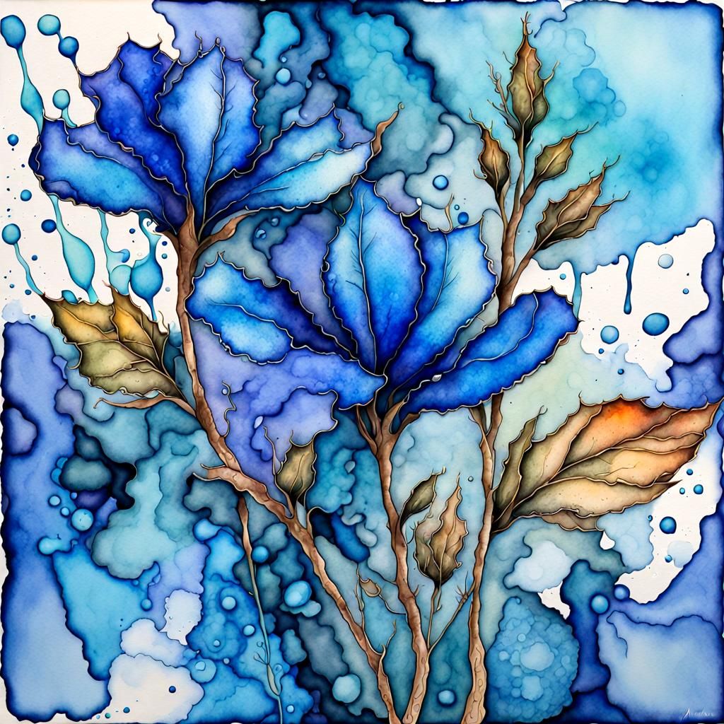 Blue-Tango, watercolor, ink drawing, copious alcohol ink splashes, in ...