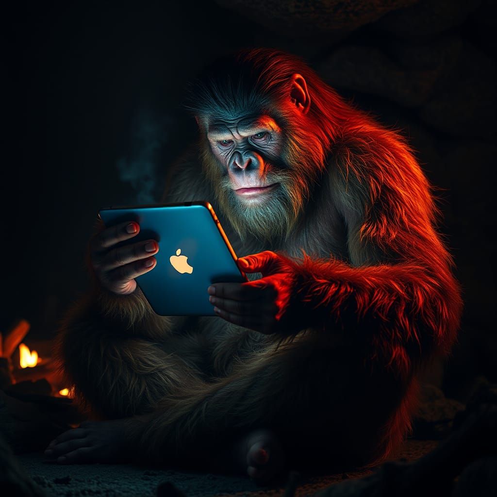 Evolution - Savage Primitive Man Plays iPad by Cave Fire in ...