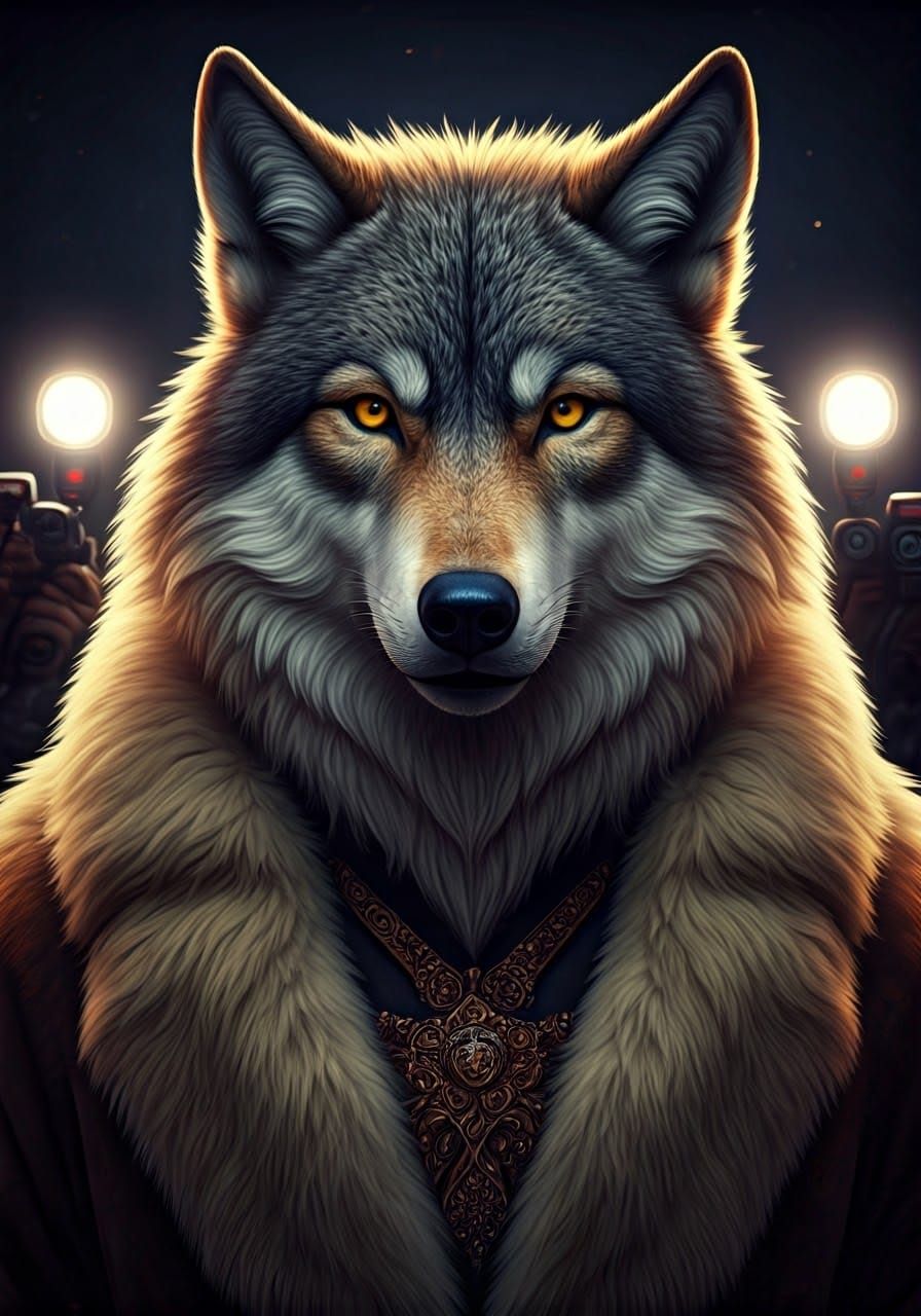 Wolf in Luxurious Sheepskin Coat Struts Red Carpet... - AI Art