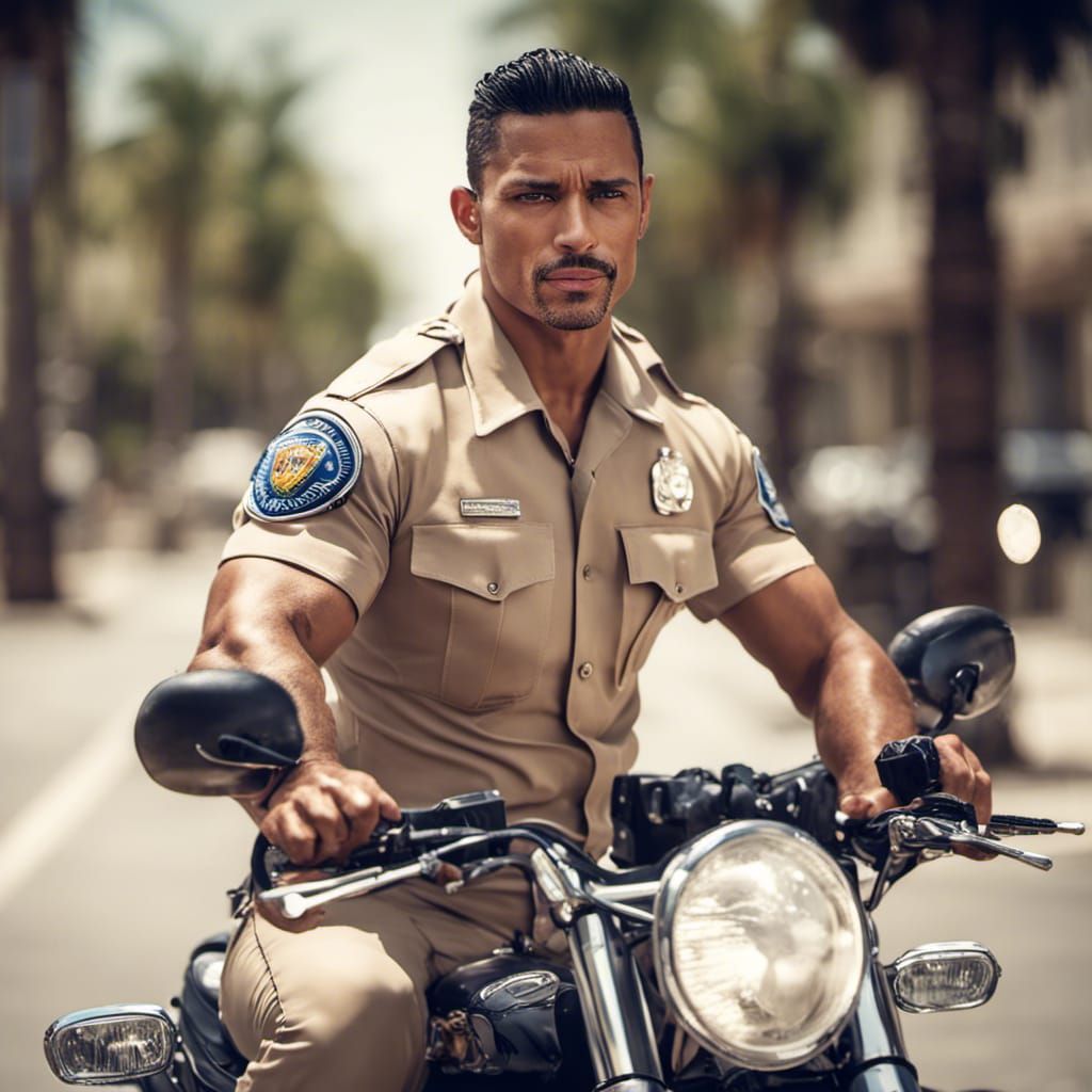 Motorcycle Cop - Muscular Latino Cop on Motorcycle: Professi...