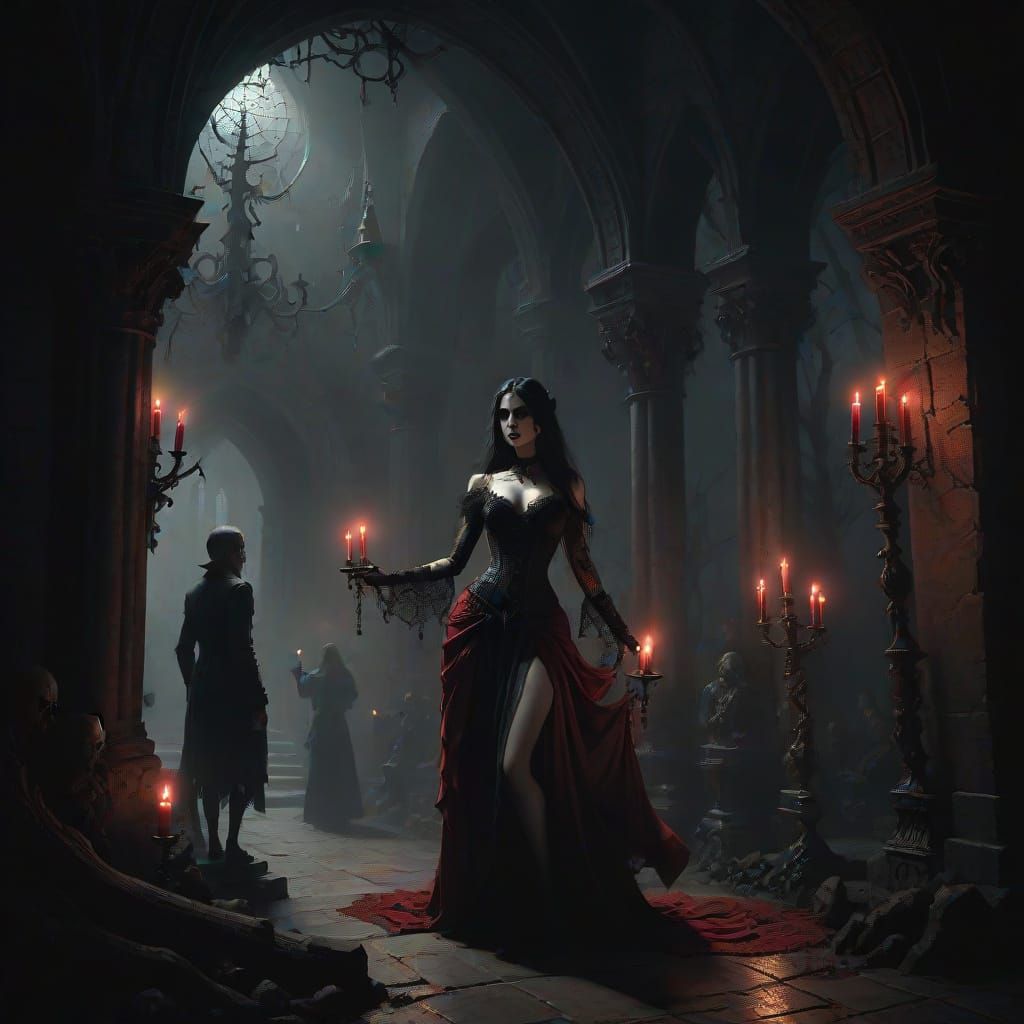 Here is the rewritten prompt: A muscular yet lithe Gothic woman with an ...