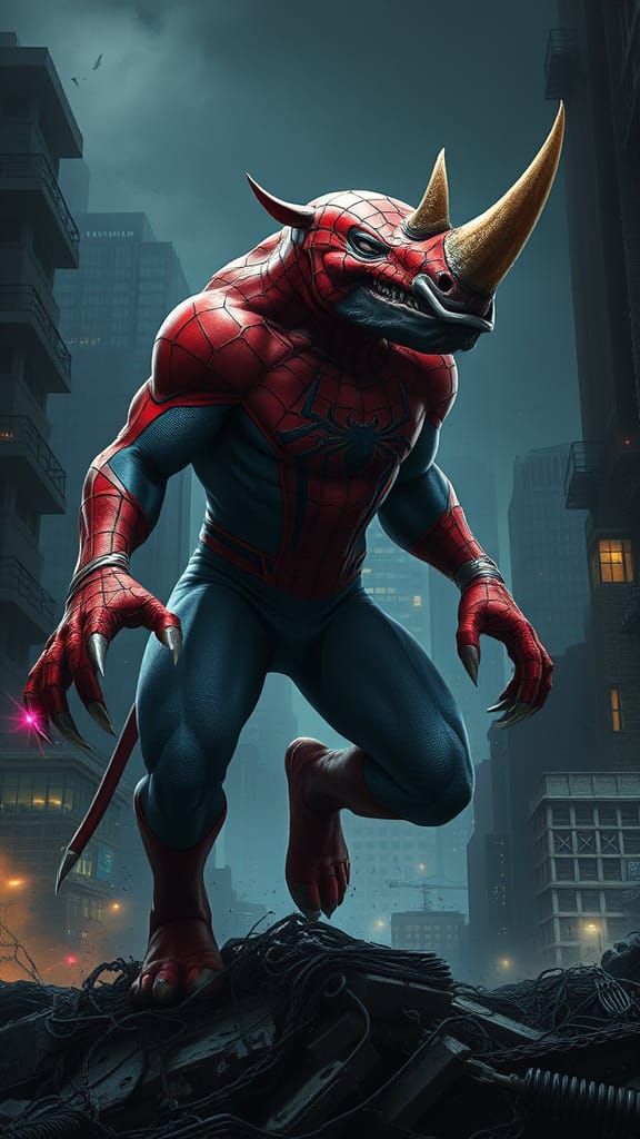Hyper-Realistic Spider-Rhino Creature in Dark City... - AI Art