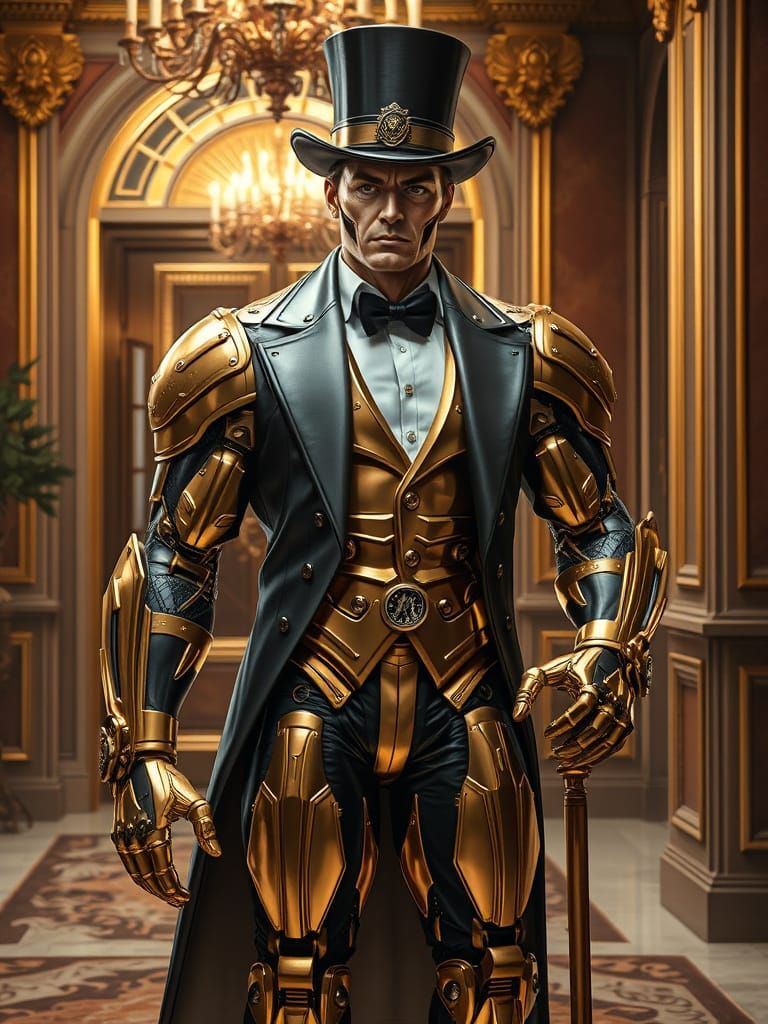 Gold Cyborg Prince in Biomechanical Cyberpunk Sett... - AI Art