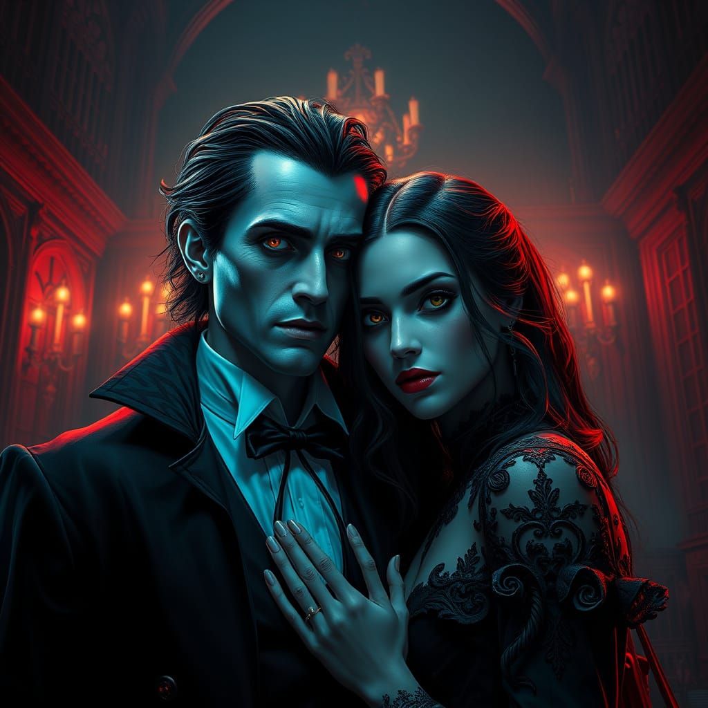 Ethereal Vampire Couple in Opulent Haunted Mansion - AI Art