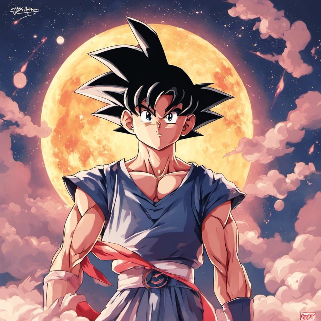 Son Goku with a glowing moon behind him - AI Generated Artwork ...
