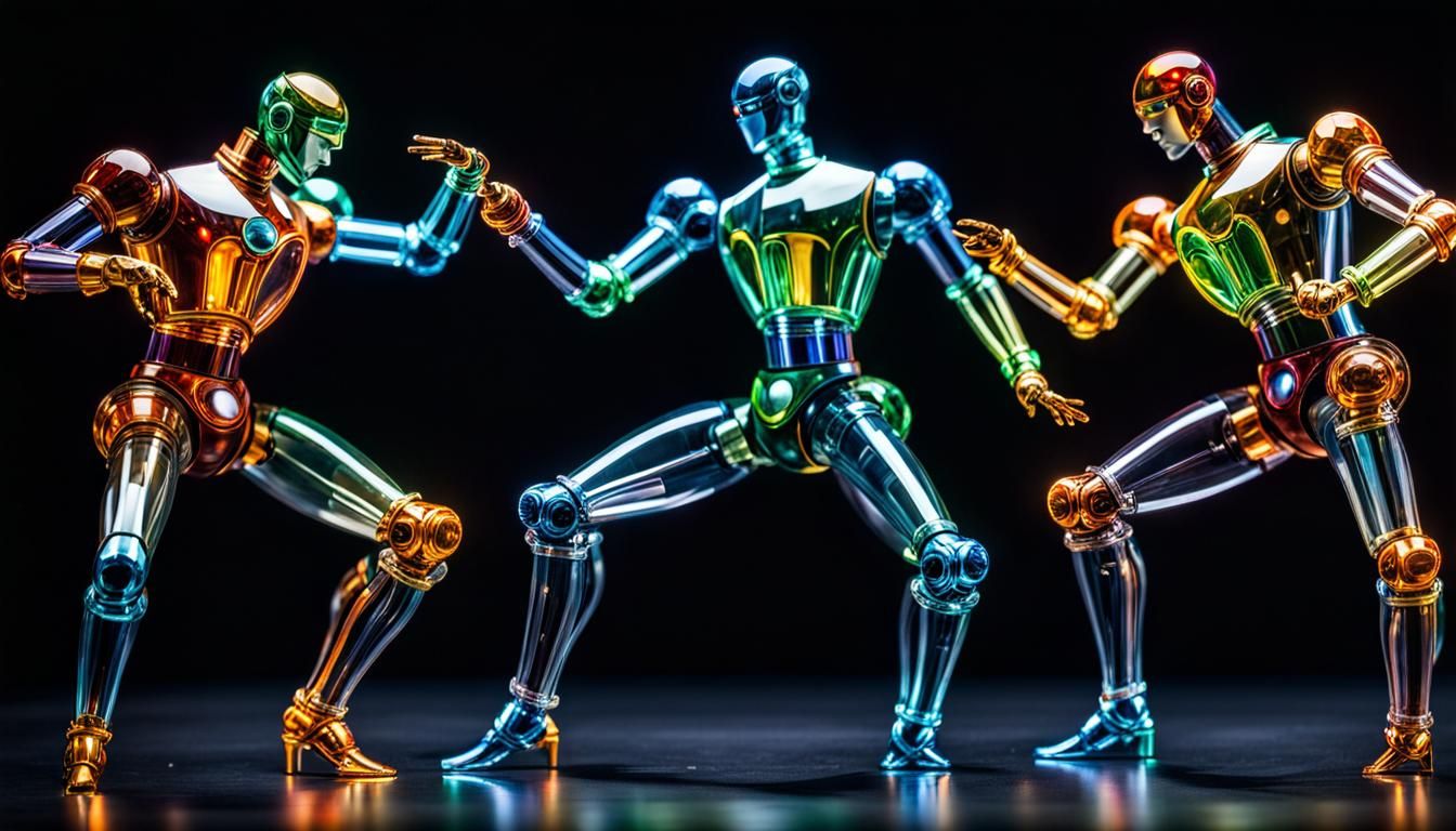 painterly highly detailed transparent multicolored humanoid glass robots with elegant legs ...