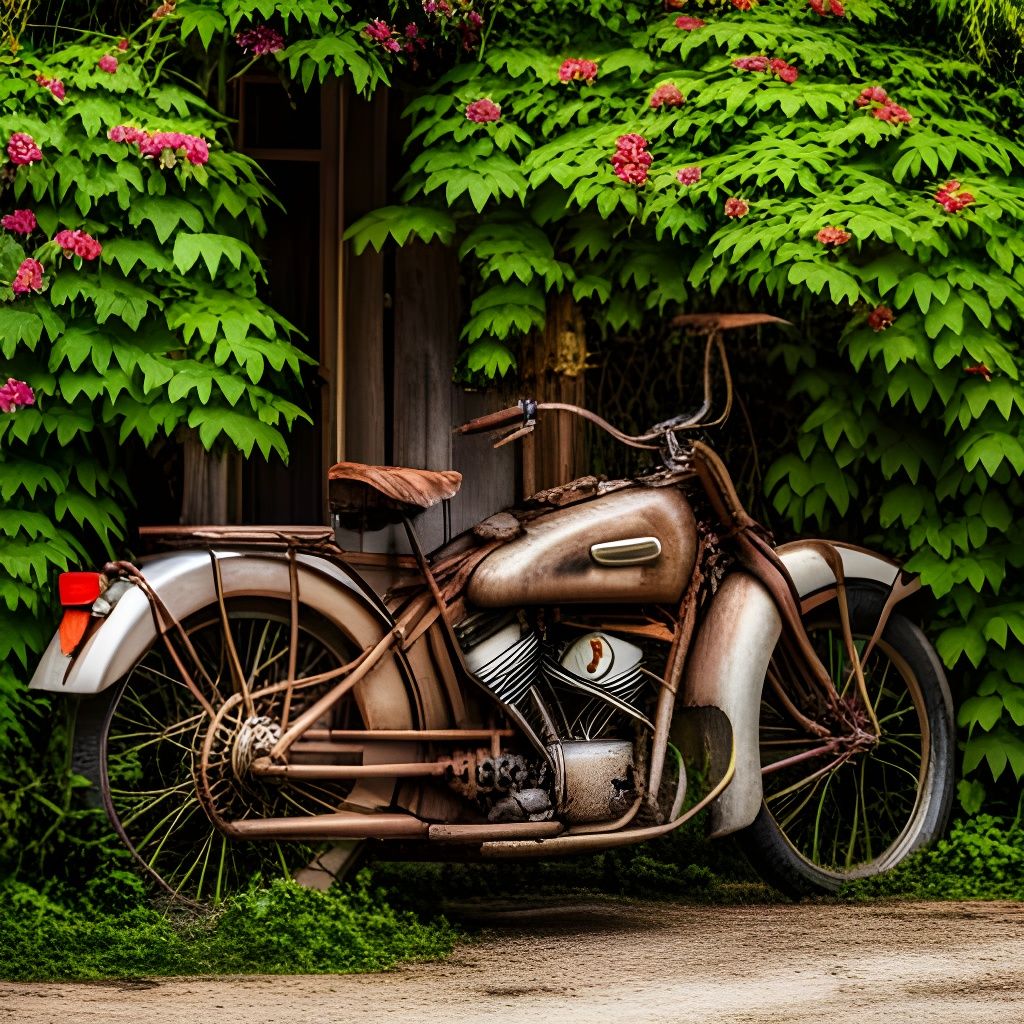 Vines motorcycle parking - AI Generated Artwork - NightCafe Creator