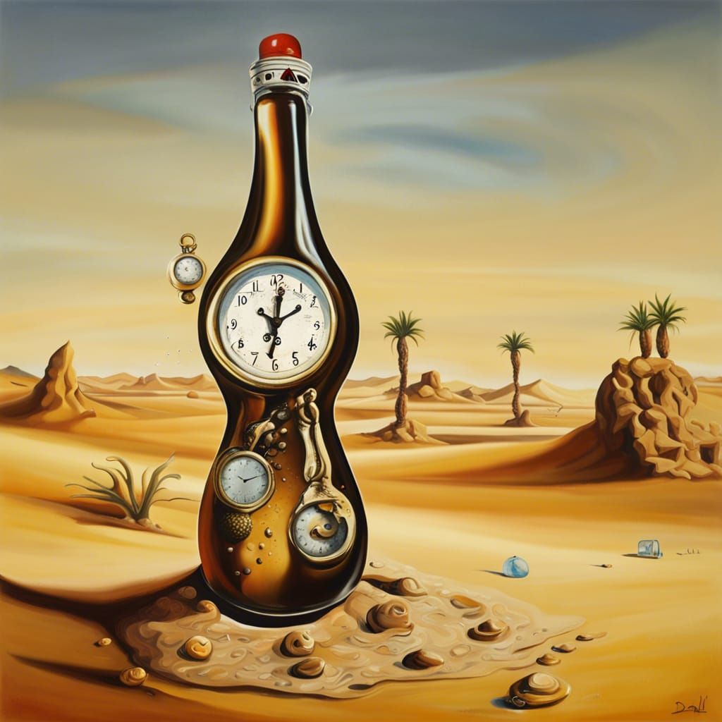 Afri Cola bottle with clocks in a desert in Dali Style surrealism Salvador Dali matte background ...