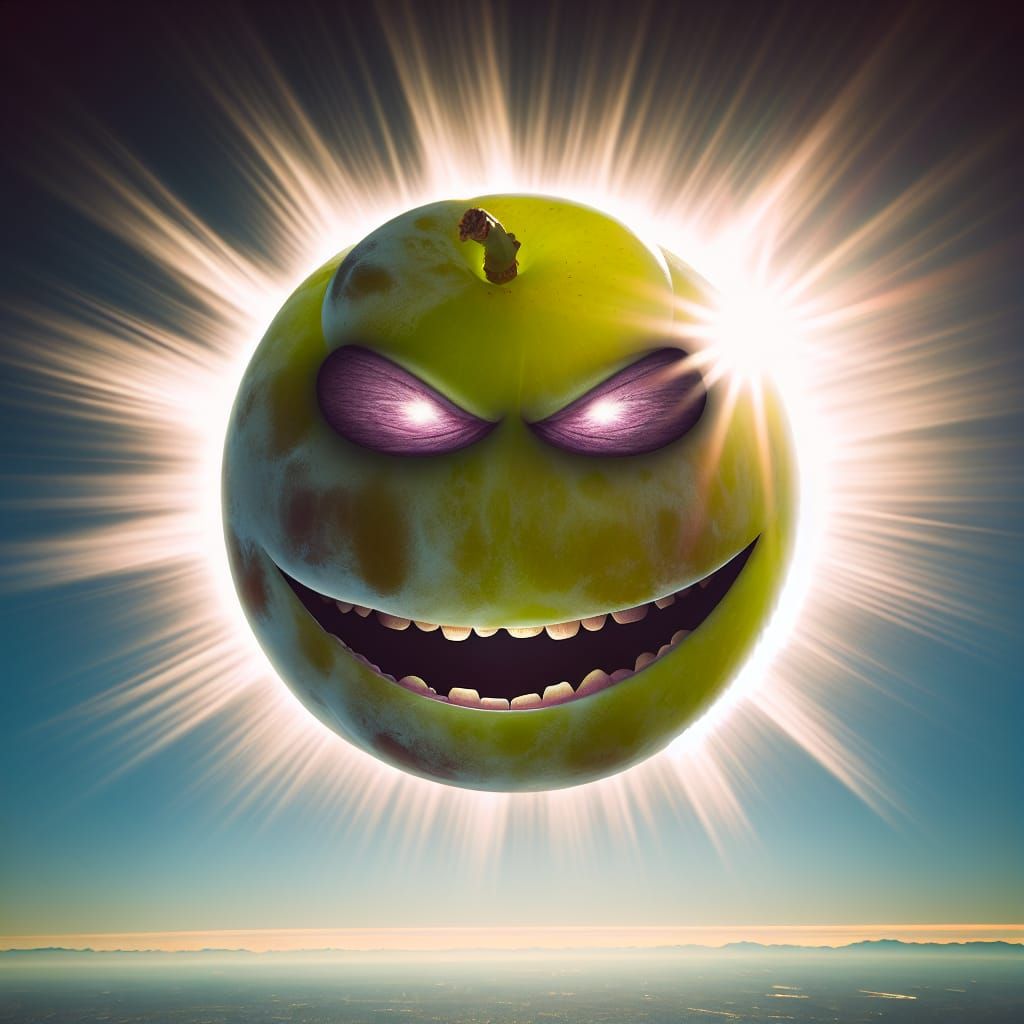a gigantic grape eclipsing the Sun with an evil grinning face on the ...