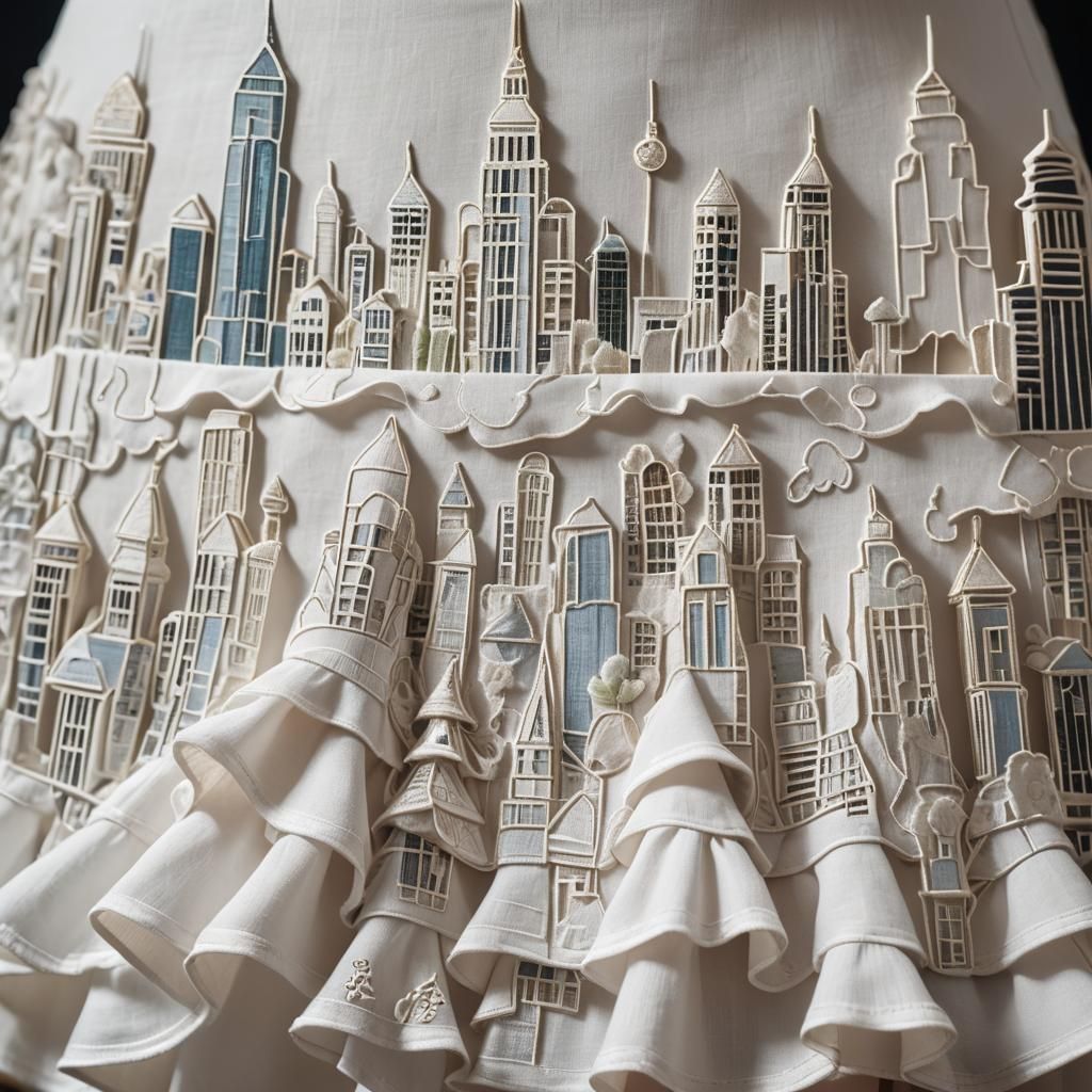 3d Skyline on a skirt with ruffles, fabric art - AI Generated Artwork ...