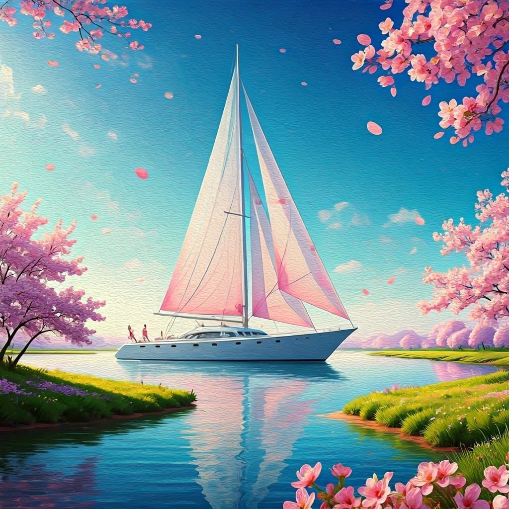(fantasy aesthetic:1.8) small catamaran, its sails made of woven moonlight and enchanted rose ...