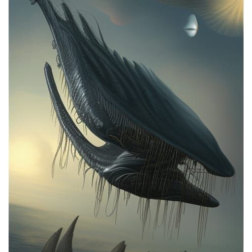 Alien winged whale creature with two prehensile tongues, a pair of ...