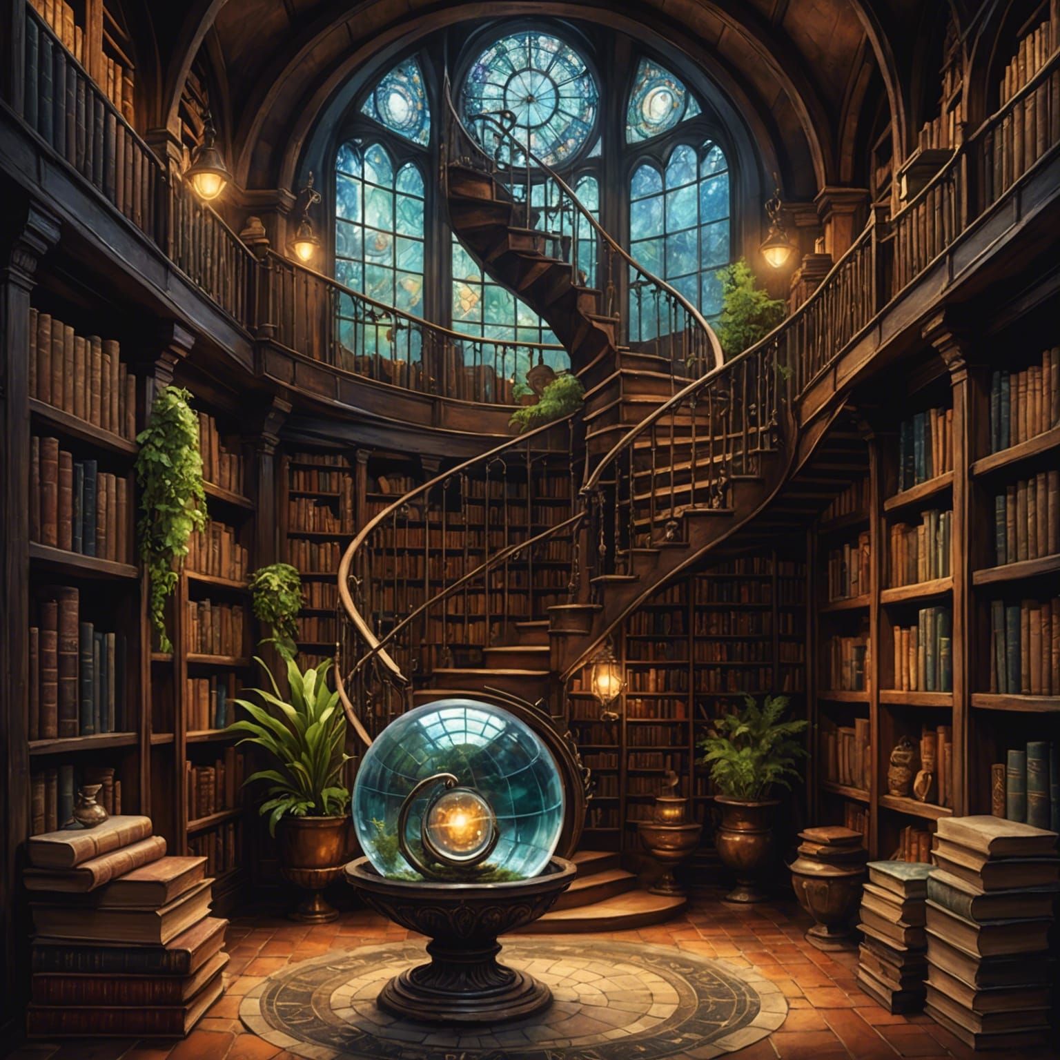underground library, with spiral staircase, bookshelves, books ...