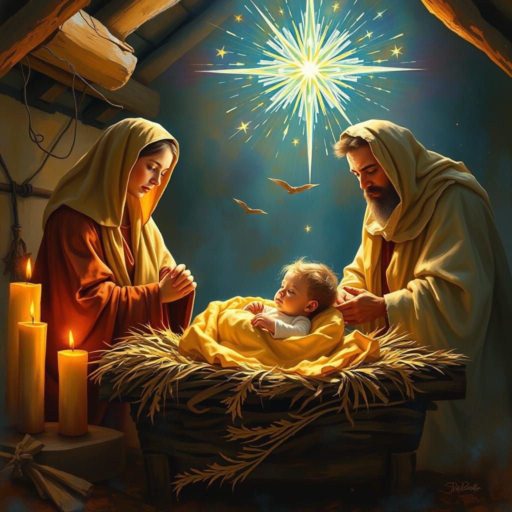 Rustic Nativity Scene with Vibrant Starlight - AI Art