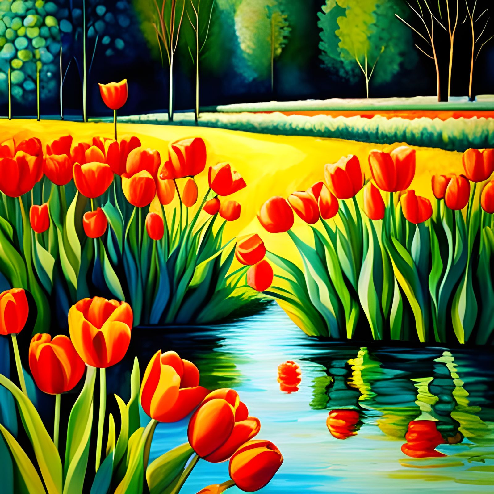 Create an artwork featuring garden of tulips. Be creative with colours ...