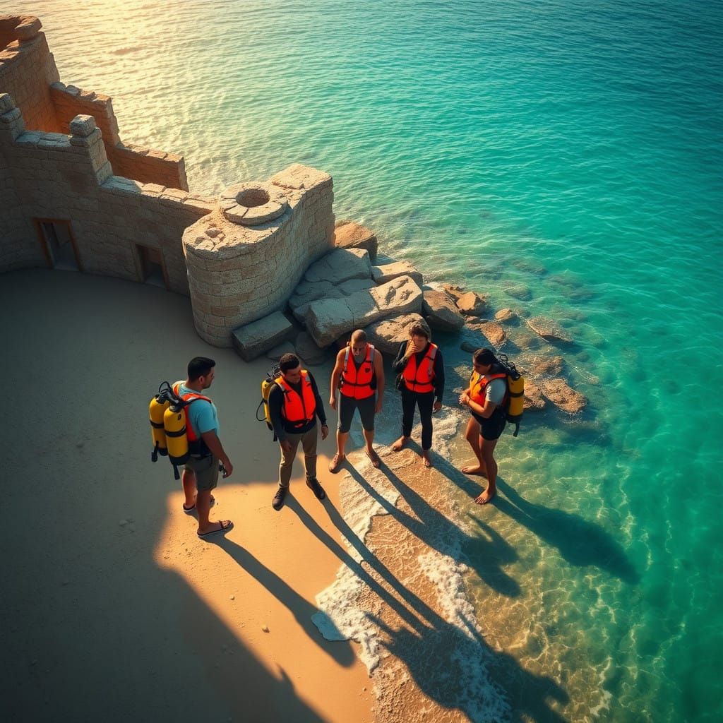 Aerial view of the coastline of Tyre, with volunteers preparing for a dive.