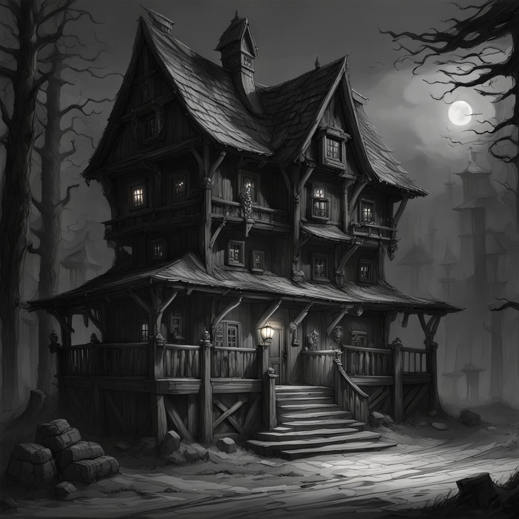 Dark, inn, two-story, roadside, attached stable, isolated, wood ...