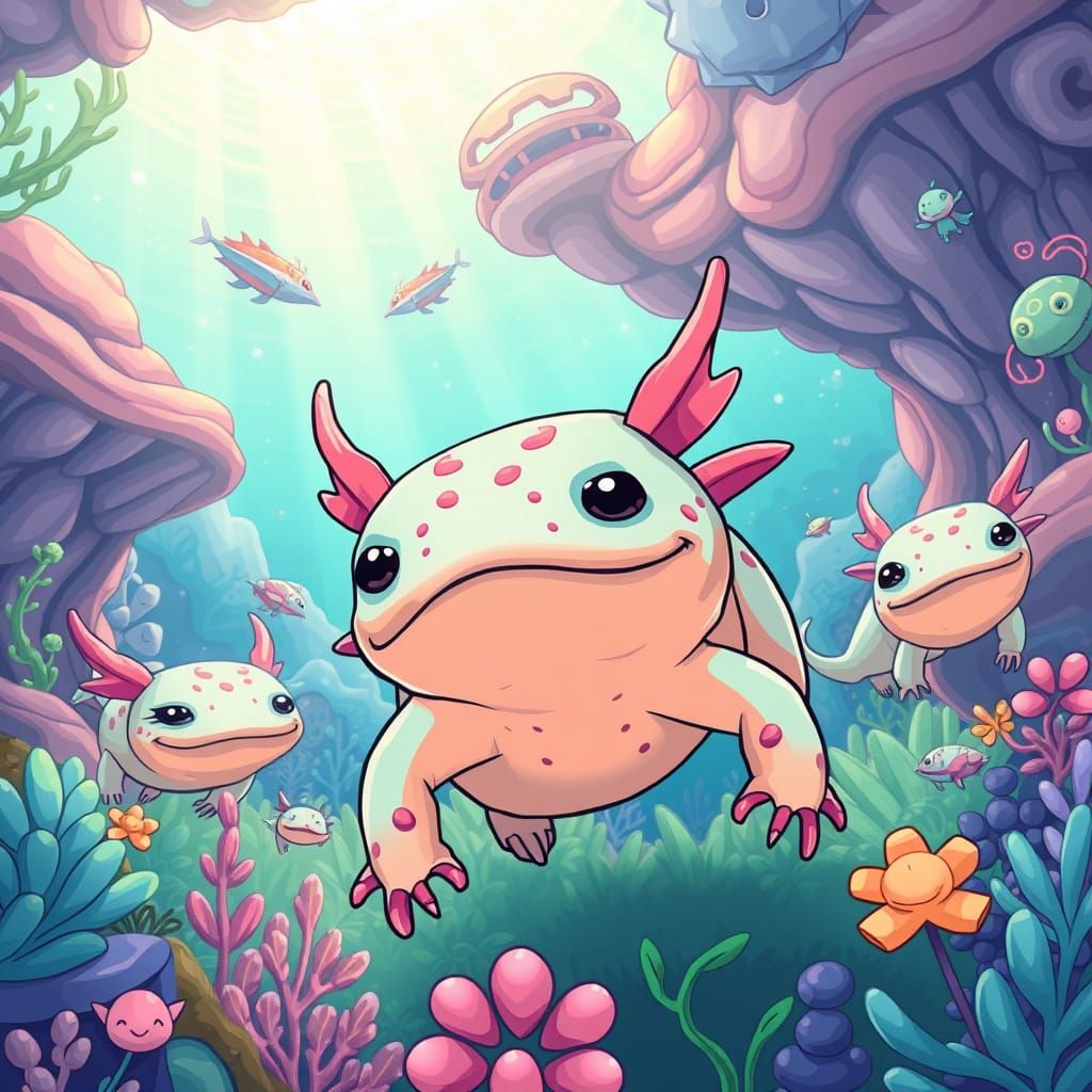 Chibi Axolotls in Vibrant Underwater Wonderland - AI Art