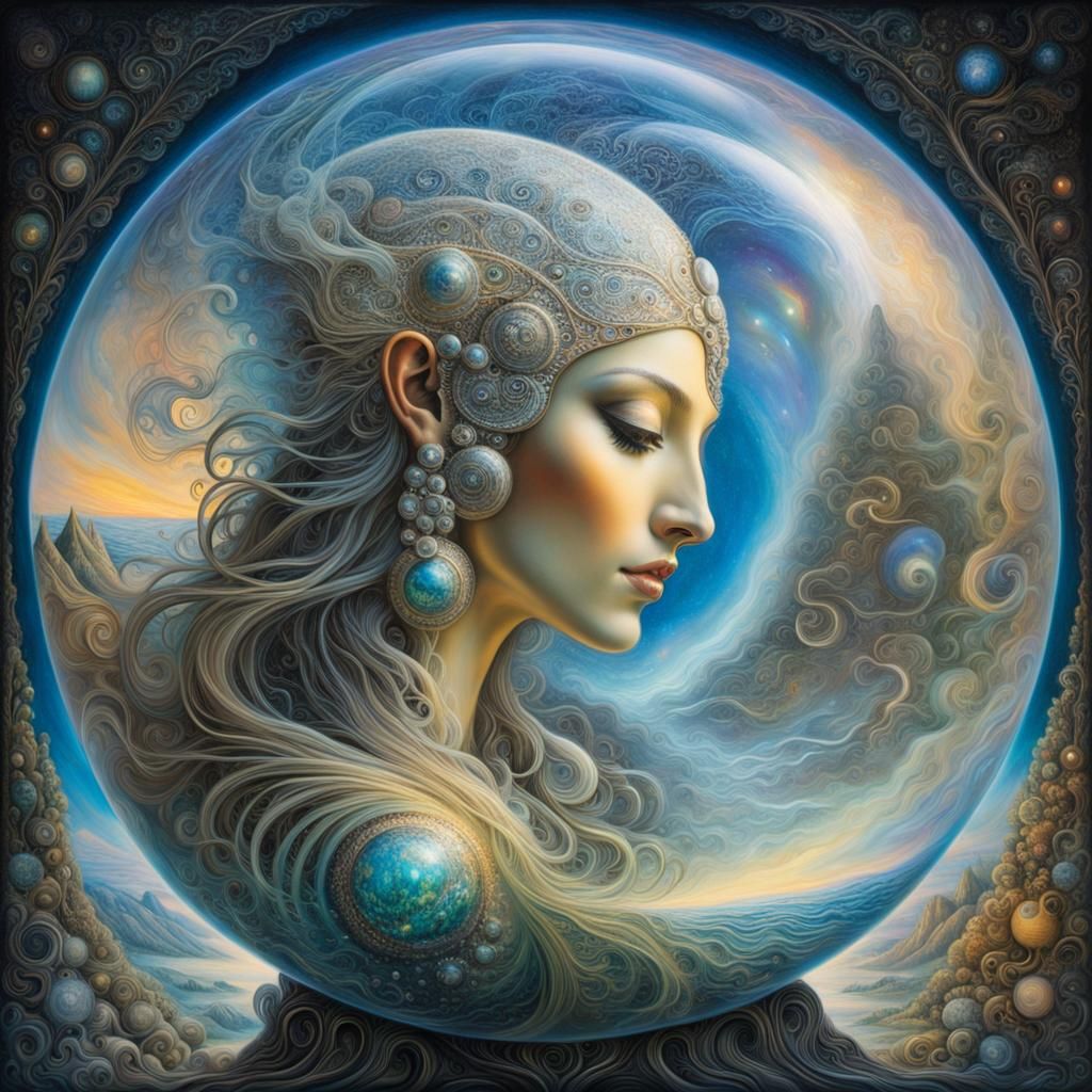 Fairy, enveloped head in transparent sphere, swirling luminous opaline dreams within, boundless ...