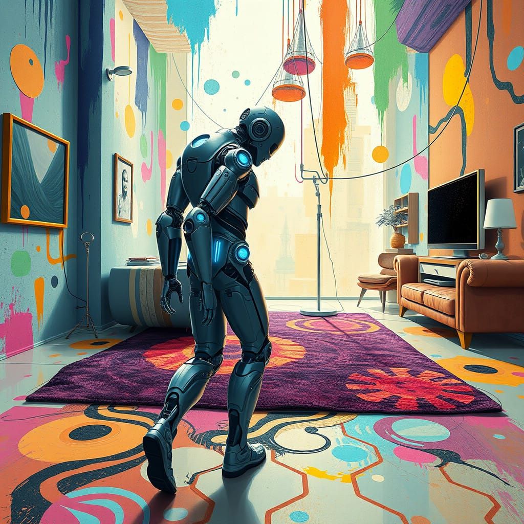 Metallic Mecha Humanoid Embarks on Vibrant Village... - AI Art